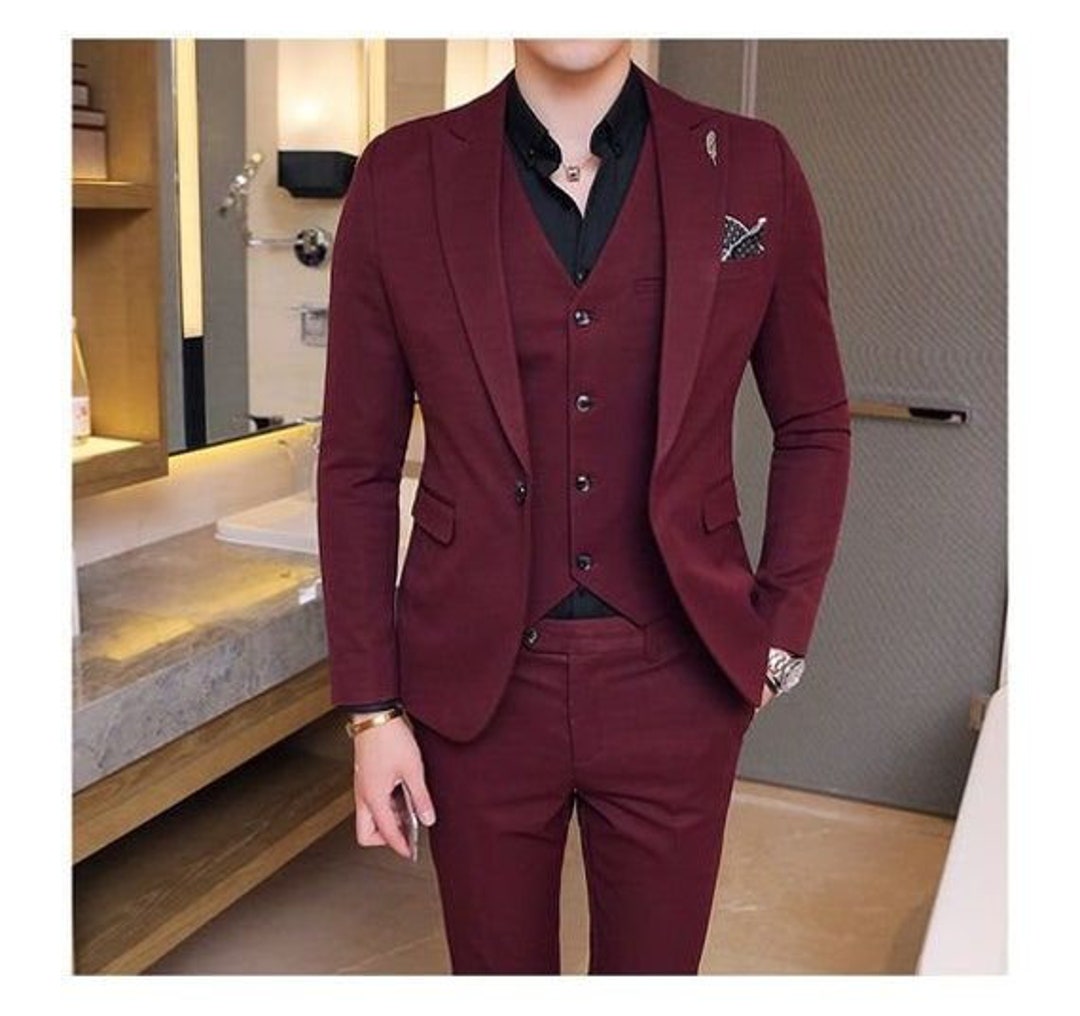 Men Maroon Classic Suits 3 Pieces Slim Fit Eligant Suits, Beach Wedding ...