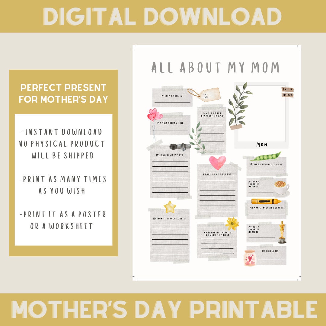 All About My Mom Mom Fill in the Blank Printable Worksheet And/or ...