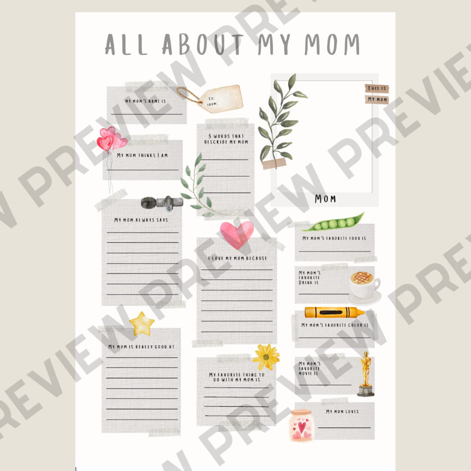 All About My Mom Mom Fill in the Blank Printable Worksheet - Etsy