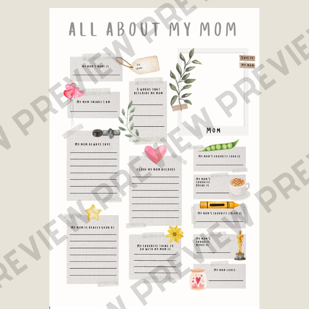 All About My Mom Mom Fill in the Blank Printable Worksheet And/or ...