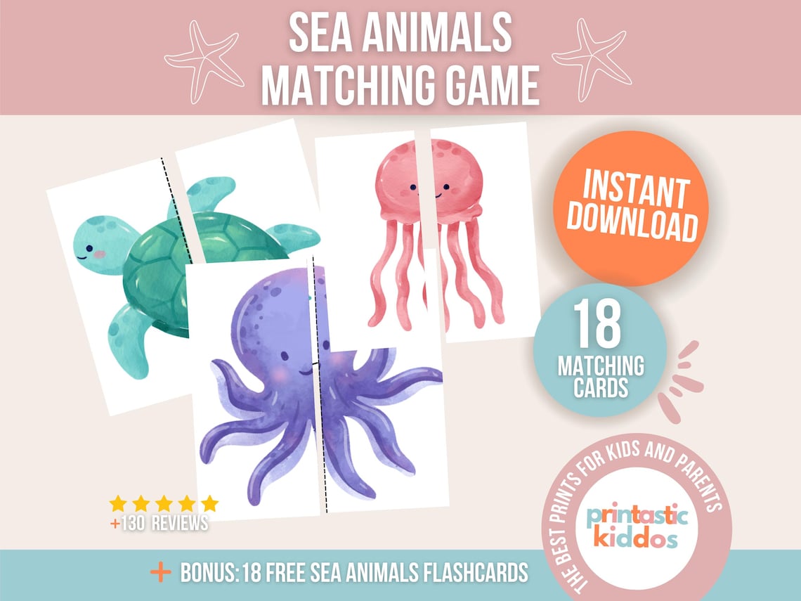 Sea Animals Matching Game: Toddler Learning Activity (digital Download ...
