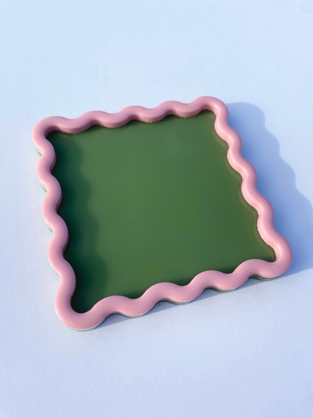 Forest Green and Pink Wiggle Squiggle Wavy Square Resin Trinket ...