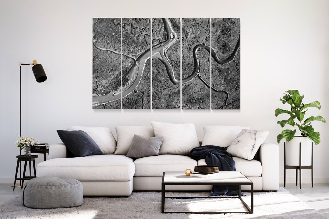 Black and White Meandering River Aerial Photography Canvas | Landscape ...