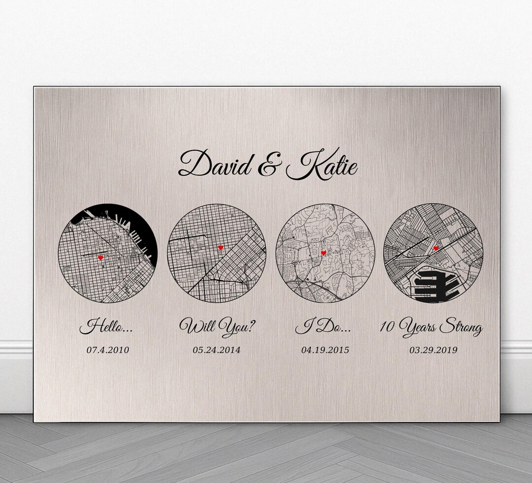 Custom 10th Anniversary Map, Aluminum Anniversary Gift, Personalized ...