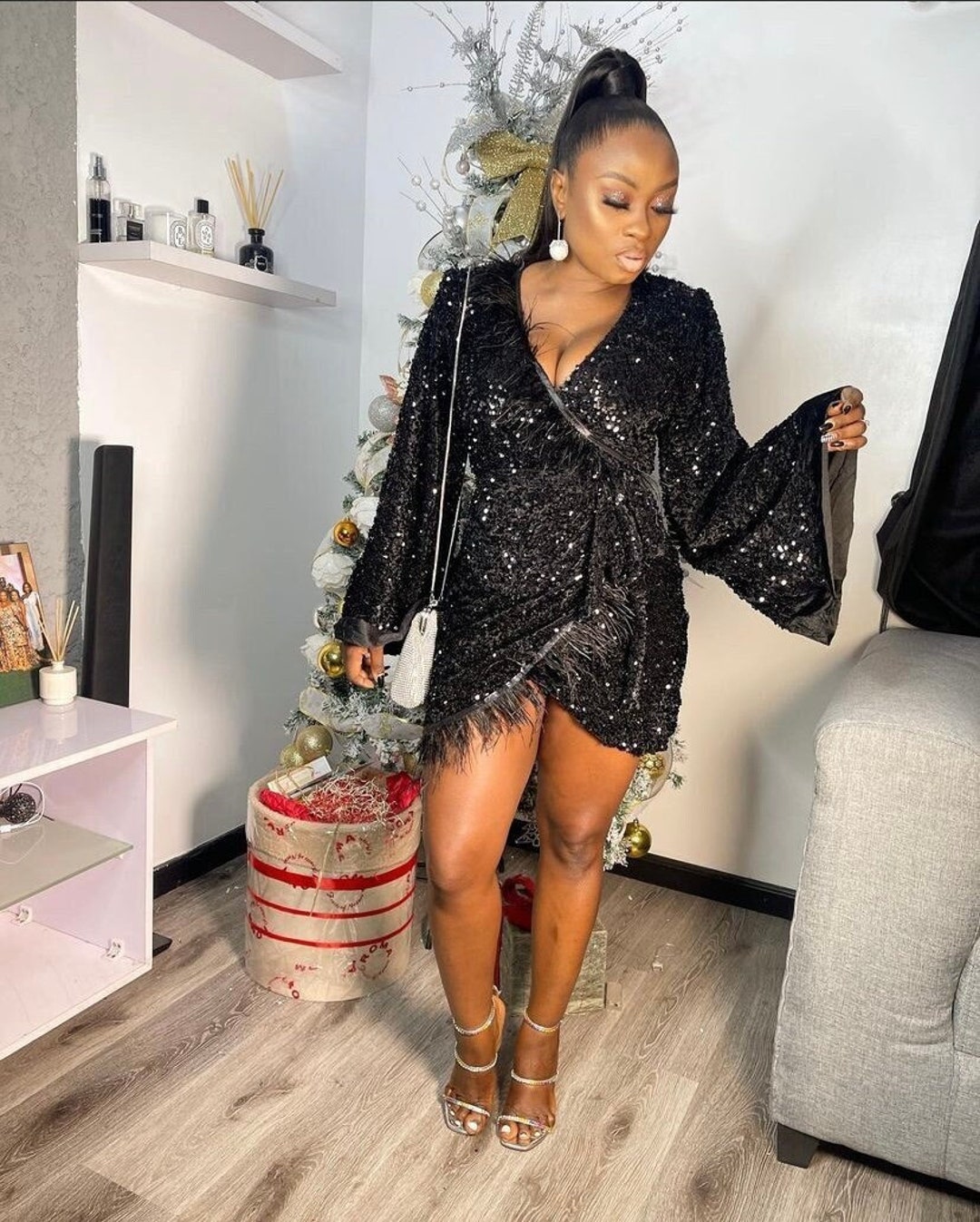 Sequined Mini Party Wrap Dress With Wide Sleeves and Feathers. - Etsy