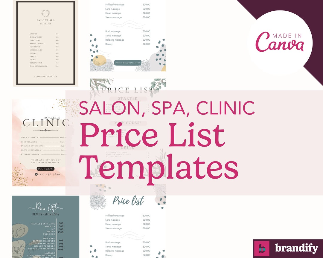 Price List Templates, Printable Price List, Canva Price List, Spa Salon ...