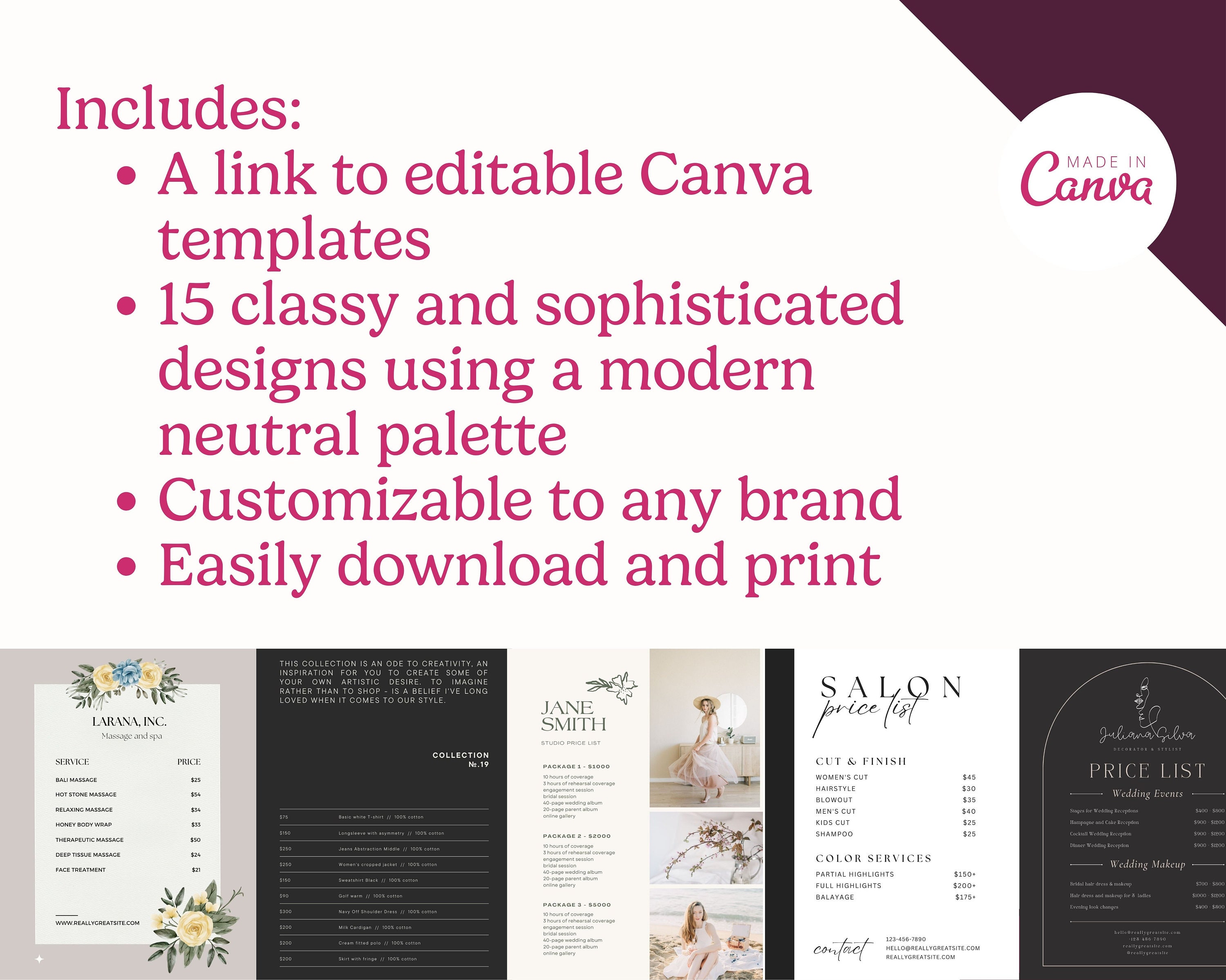 Price List Templates, Printable Price List, Canva Price List, Spa Salon ...