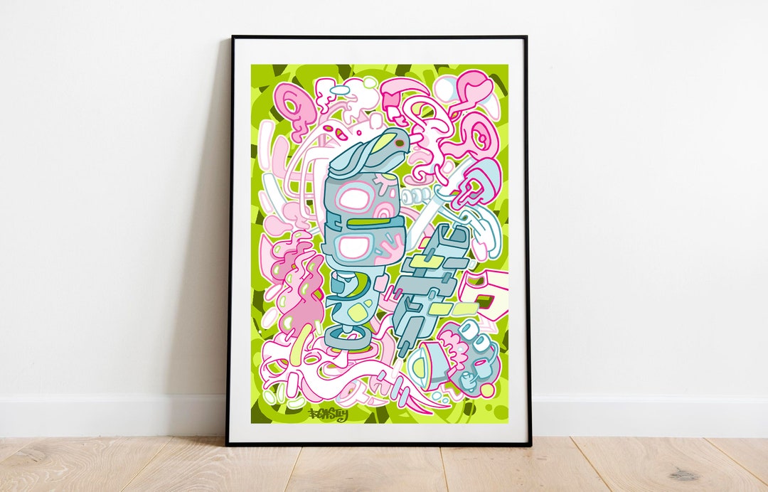 Green, Pink, Aqua and White Rave Wall Art - Trippy Street Art Style ...