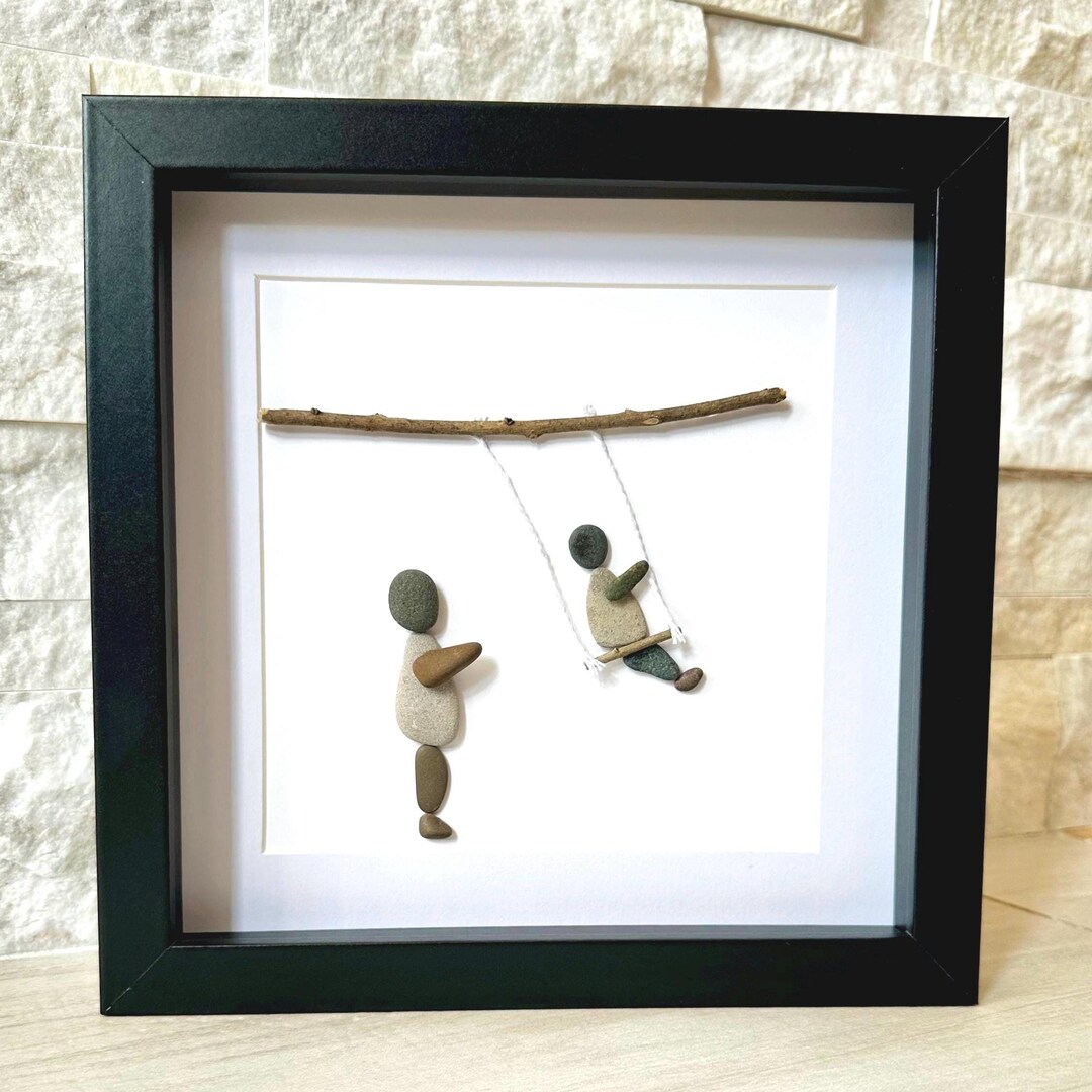 Parent and Child Pebble Art, Child on a Swing, Grandparent Gift, Rustic ...
