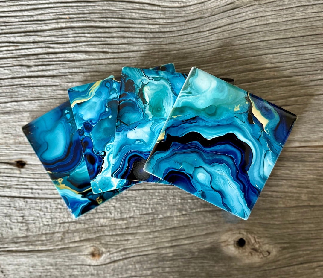 Teal Onyx Style Ceramic Coaster Set: Abstract Gemstone Art - Etsy