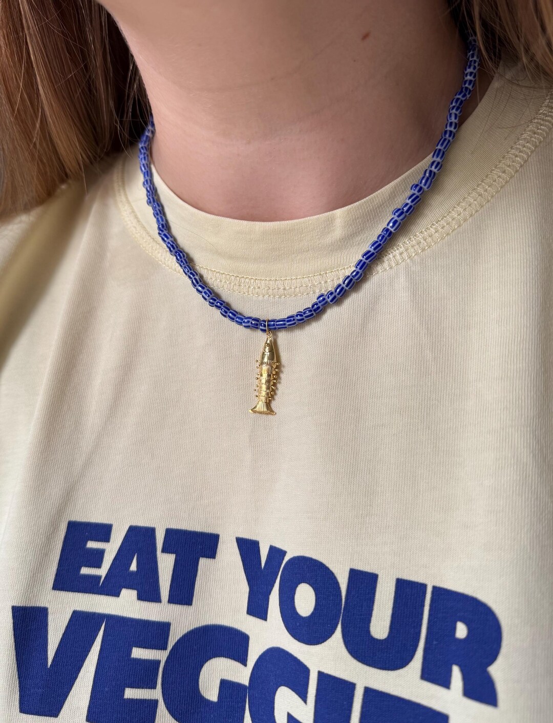 Moving 3D Fish Blue Bead Necklace, Gold Plated 925 Sterling Silver Fish ...