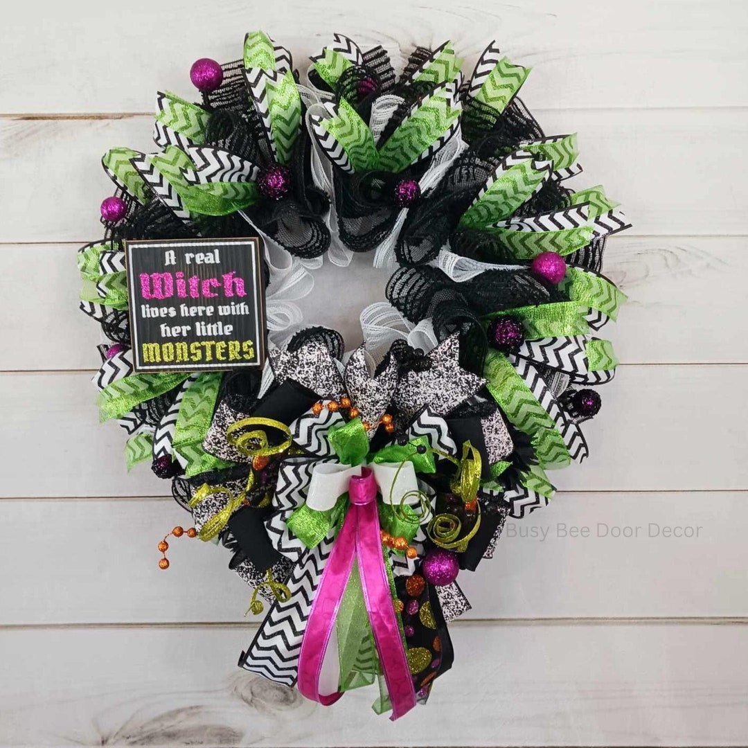 Real Witch Halloween Wreath, Little Monsters Door Decor, Witchy ...