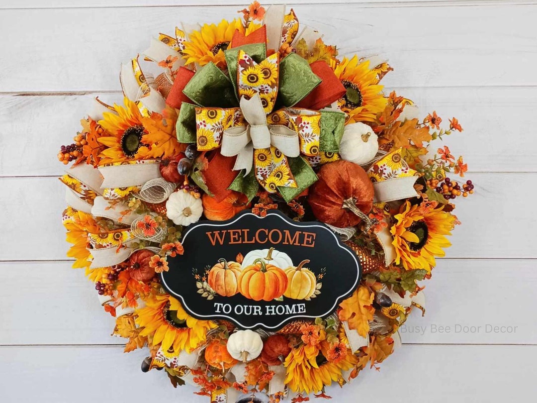 Welcome Fall Wreath, Pumpkin Sunflower Door Decor, Autumn Harvest ...