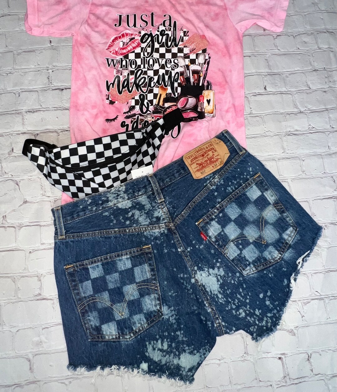 Repurposed Bleached Checkered Jean Shorts Size 34 - Etsy