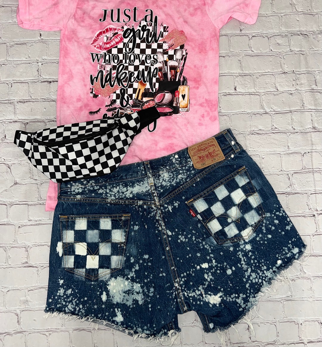 Repurposed Bleached Checkered Jean Shorts Size 38 - Etsy Canada