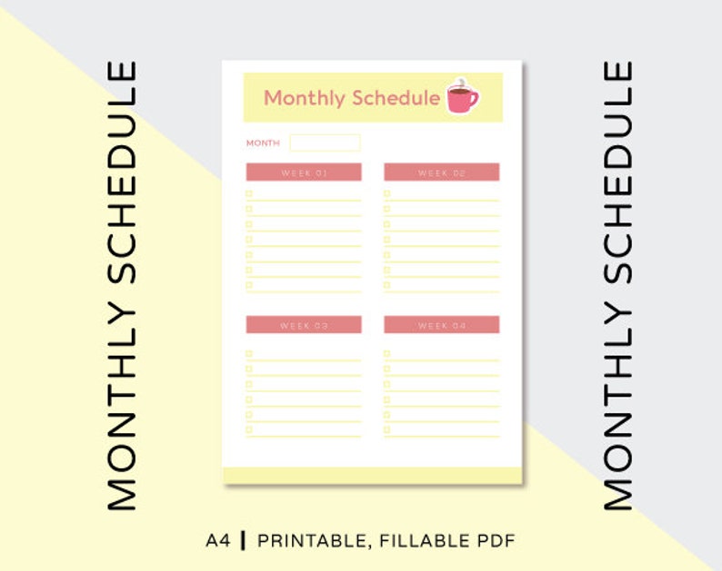 Monthly Schedule and Monthly Planner, A4, Printable PDF - Etsy