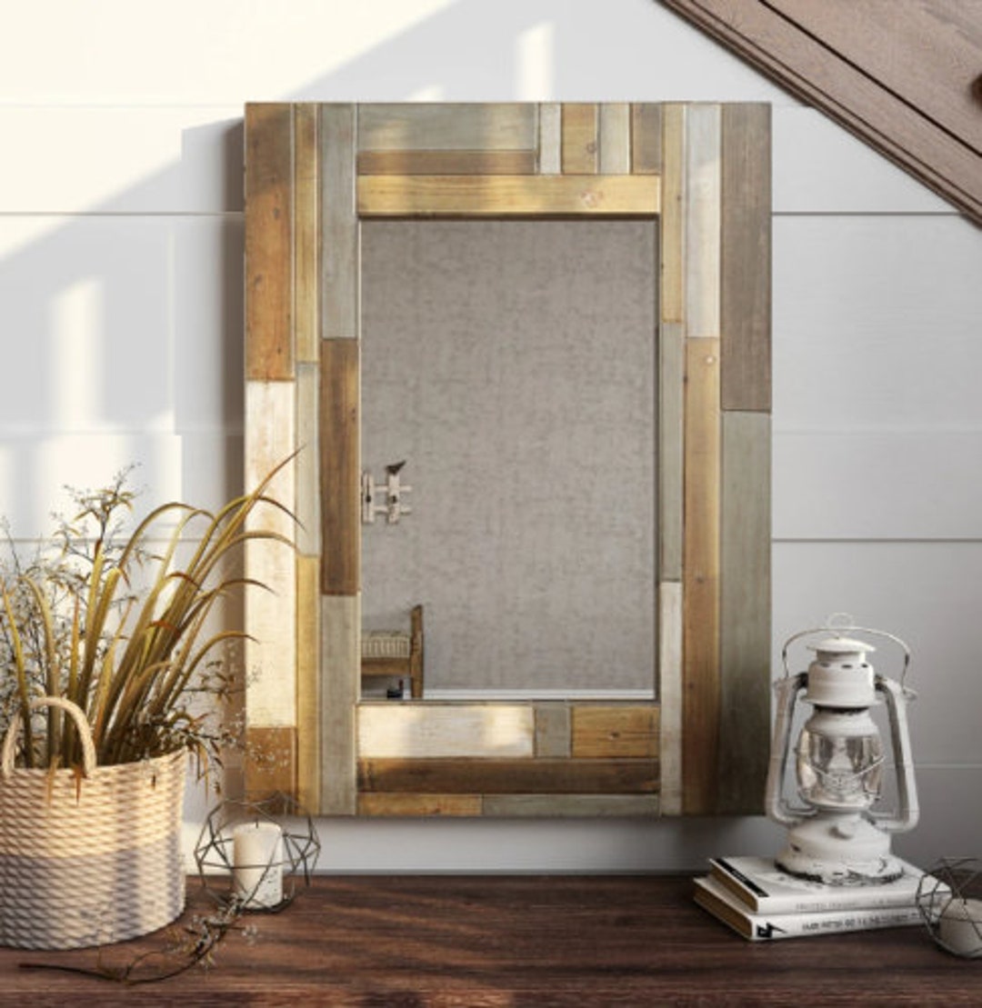 Wall Mirror Farmhouse Rustic Wood Distressed Multi Colored 38h Bathroom ...