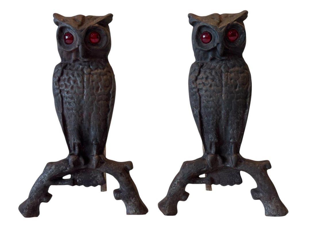 Vintage Cast Iron Owl Form Fireplace Andirons With Glass Ruby Eyes - Etsy