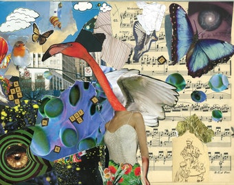 Original Handmade Paper Surrealist Collage With Bird Woman, Cityscape ...