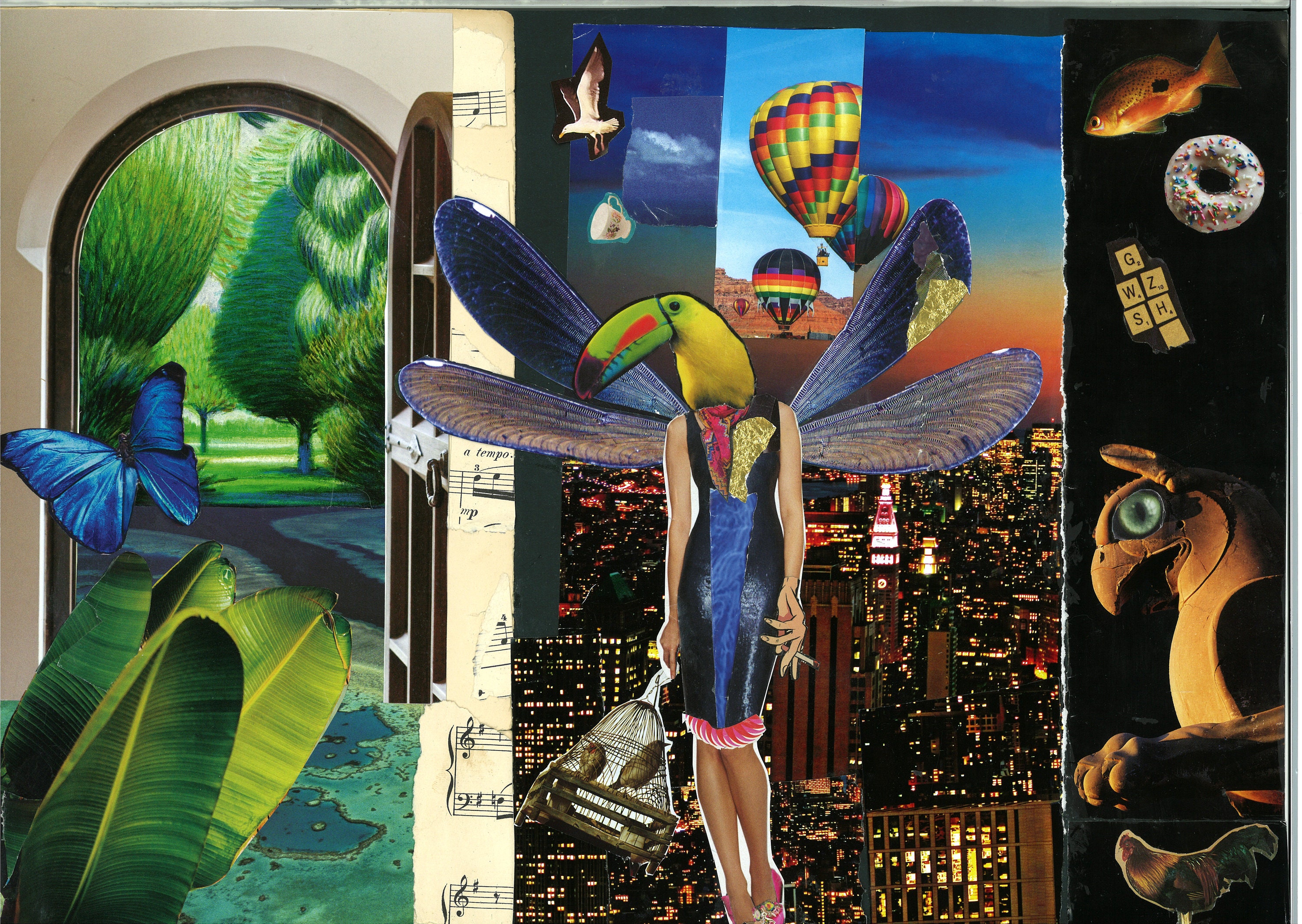 Original Handmade Paper Surrealist Collage With Bird Woman, Cityscape ...