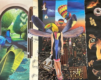 Original Handmade Paper Surrealist Collage With Teddybear Woman, Fire ...