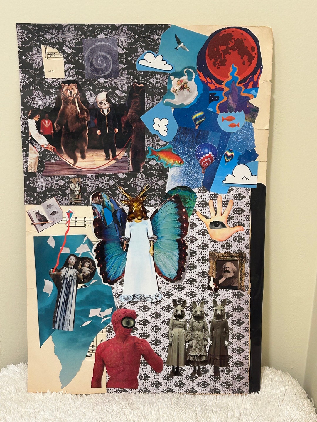 Original Handmade Paper Surrealist Collage Print With Bears, Bunnies ...