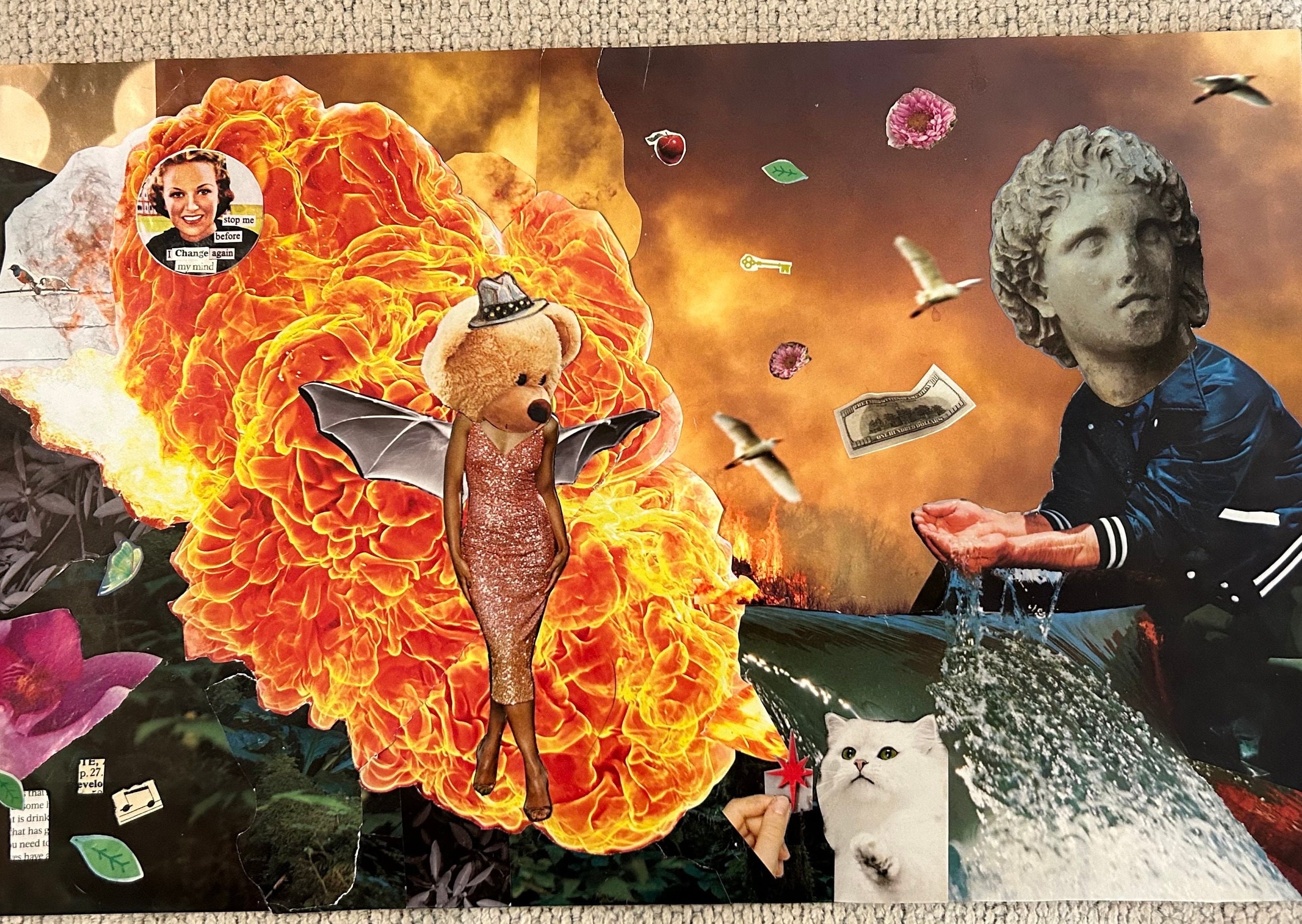 Original Handmade Paper Surrealist Collage With Teddybear Woman, Fire ...