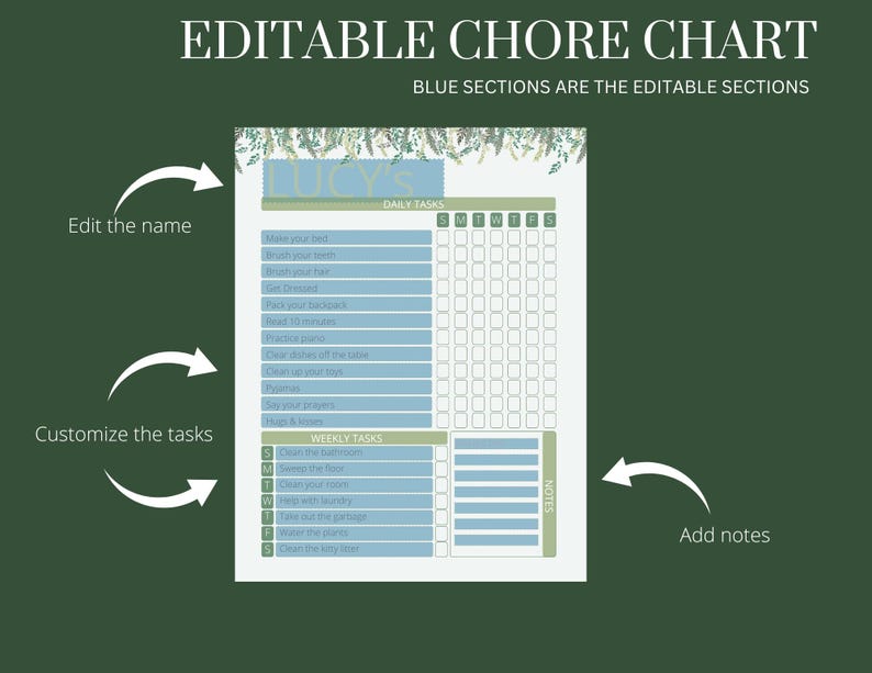 Editable Children's Chore Chart, Kids Chore Chart, Editable Chart ...
