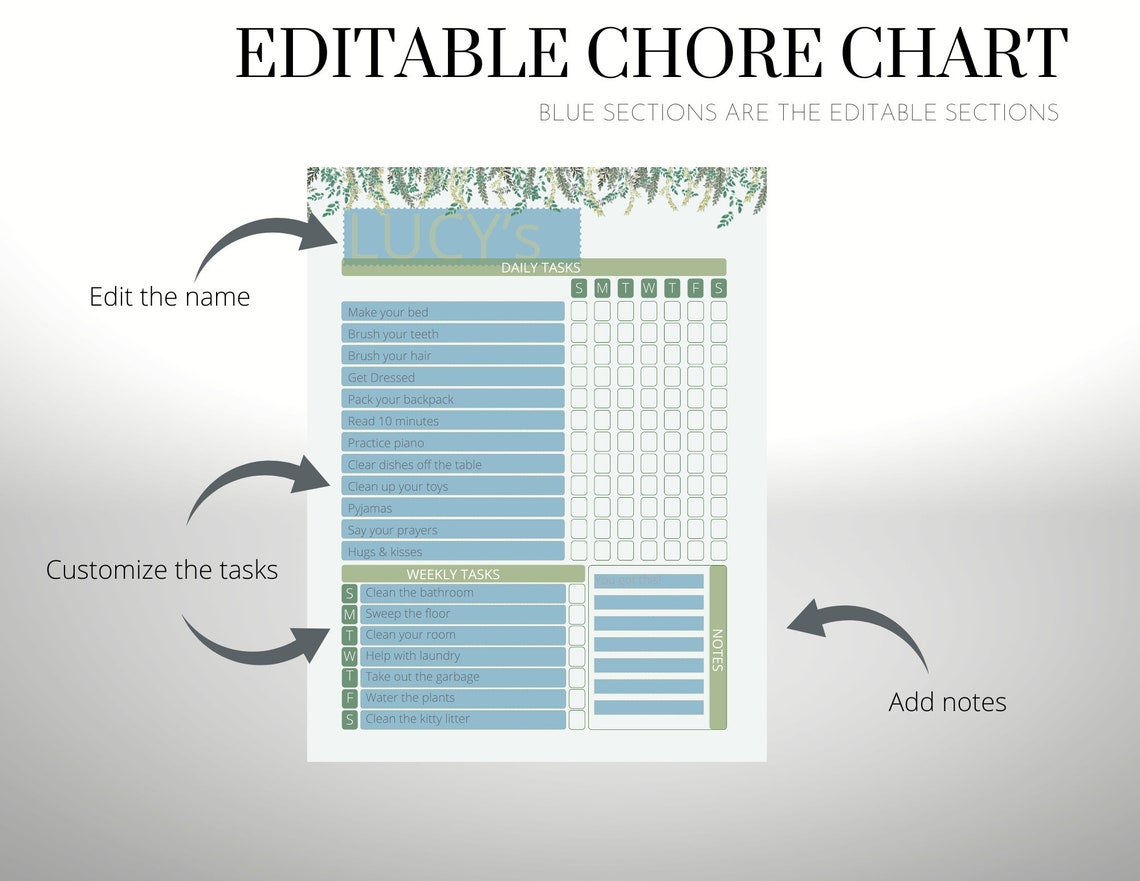 Editable Children's Chore Chart Kids Chore Chart - Etsy