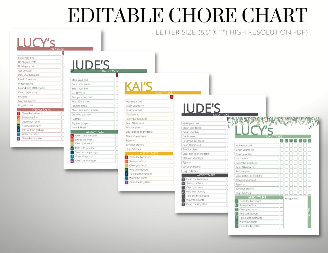 Editable Children's Chore Chart Kids Chore Chart - Etsy