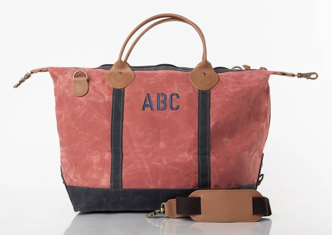 CB Station, Waxed Red Weekender Bag, Monogrammed, Leather Trim, Heavy ...
