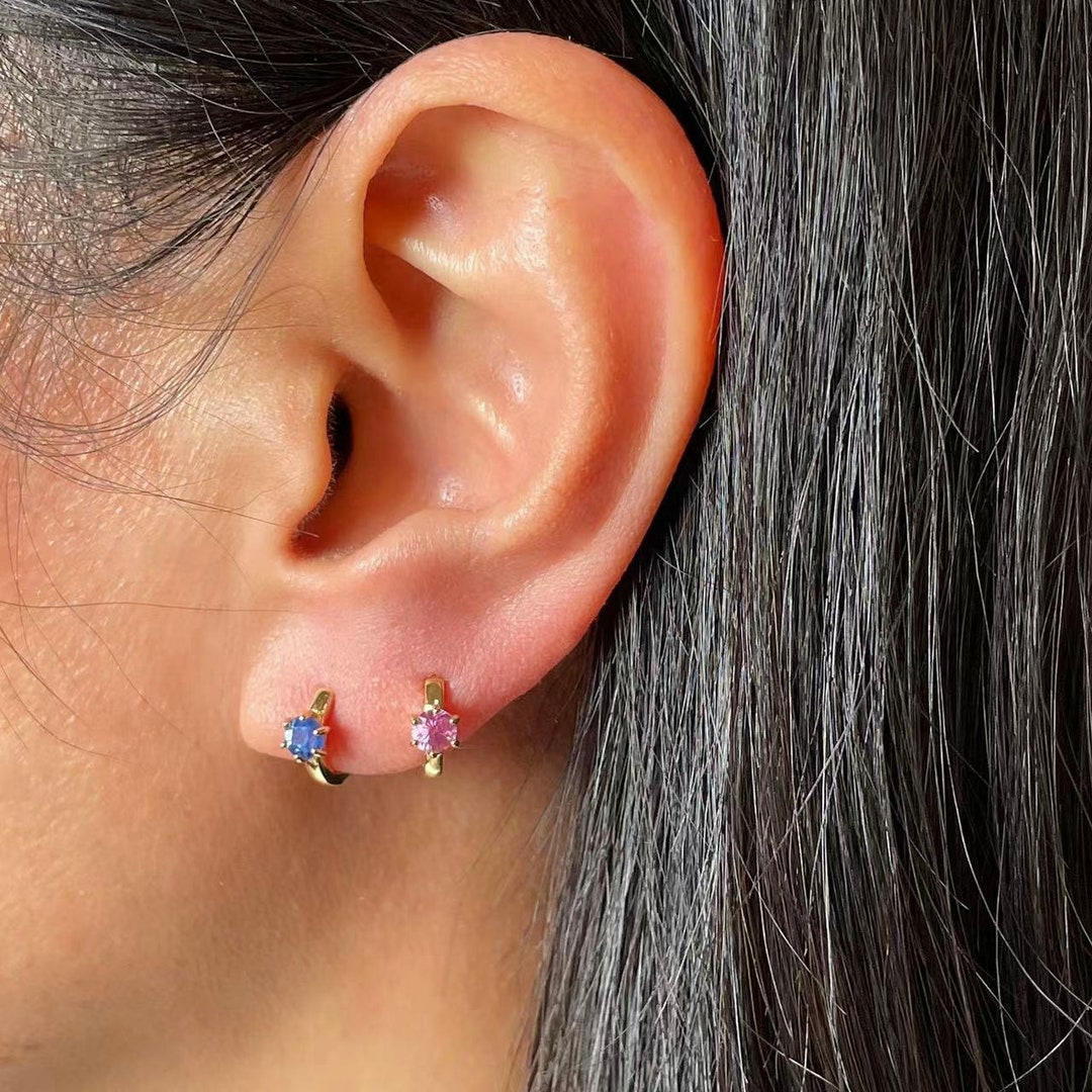 Ready to Ship 14k Solid Gold Pink/blue Sapphire Huggie Hoop Earrings ...