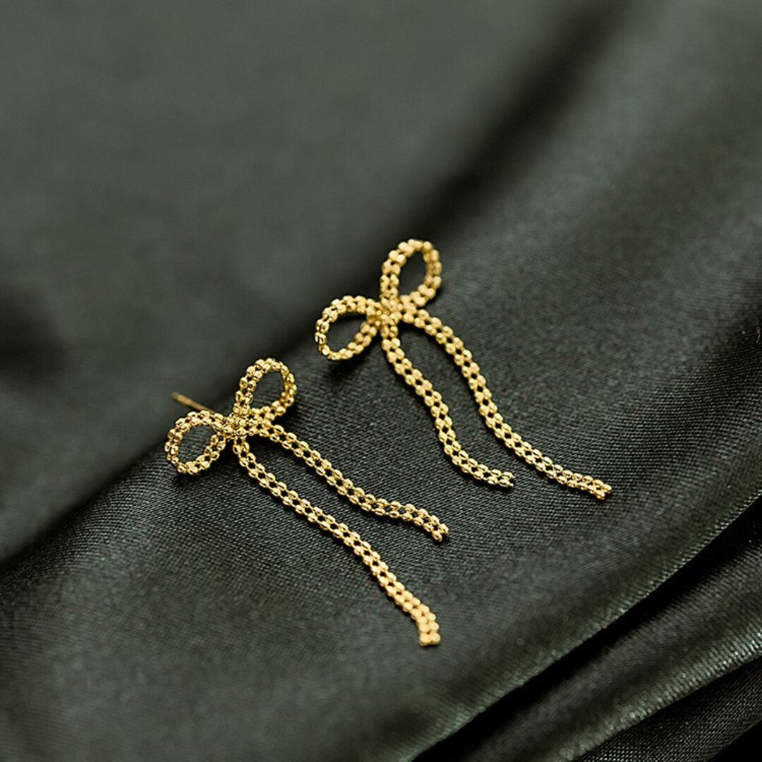 18K Solid Gold Tassel Fringe Bow Knot Earrings Unique Knitted - Etsy