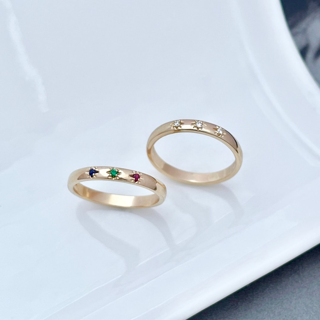 14K Solid Gold Trio Diamond North Star Band Ring, Three Stone Starburst ...