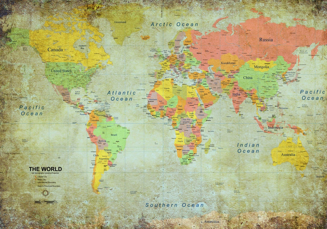 World Map Atlas,geography, Political Canvas Decor Retro Style Art ...