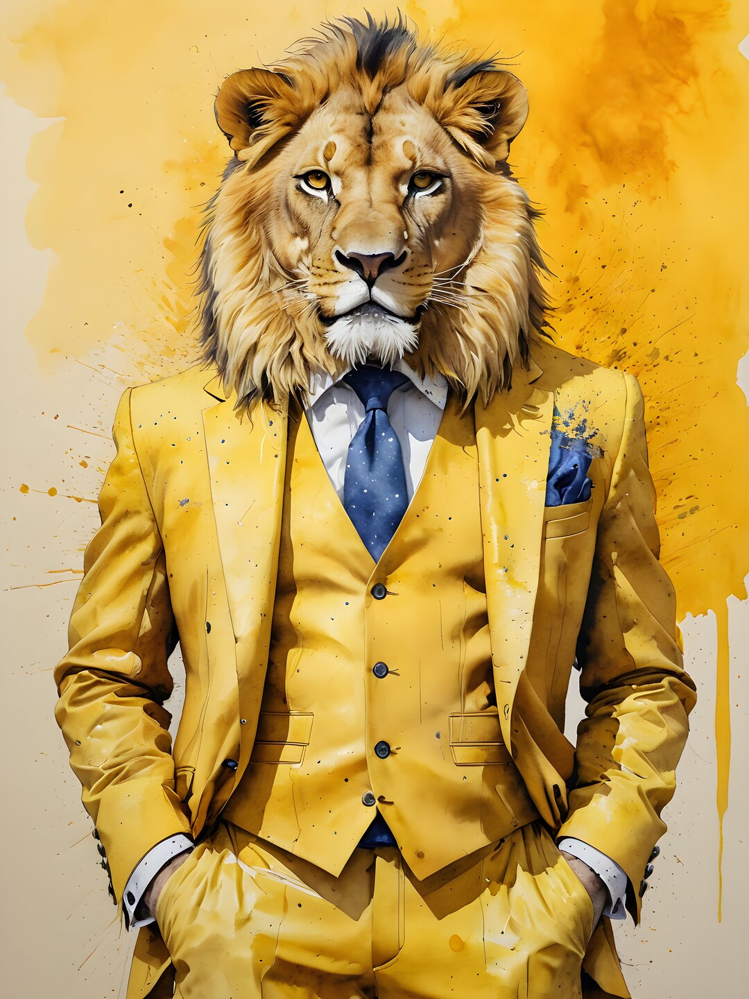 Lion in Suit Art Print: Yellow Background, Gallery Wrapped Canvas - Etsy