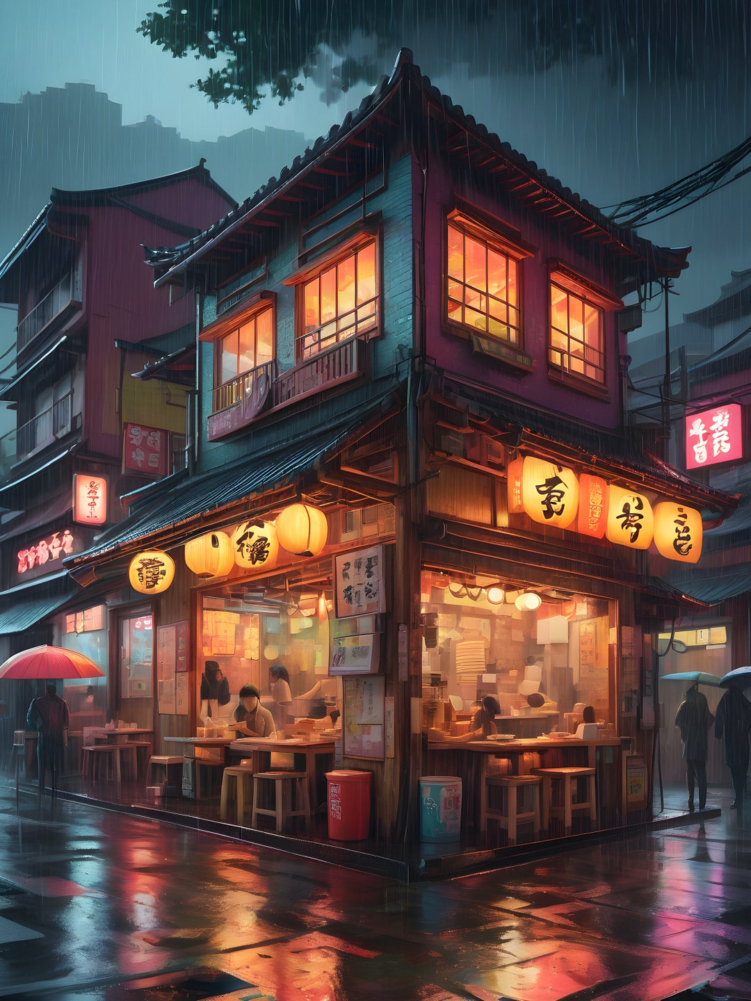 Surreal Restaurant Art Colourful Ramen Shop Poster Framed Poster ...