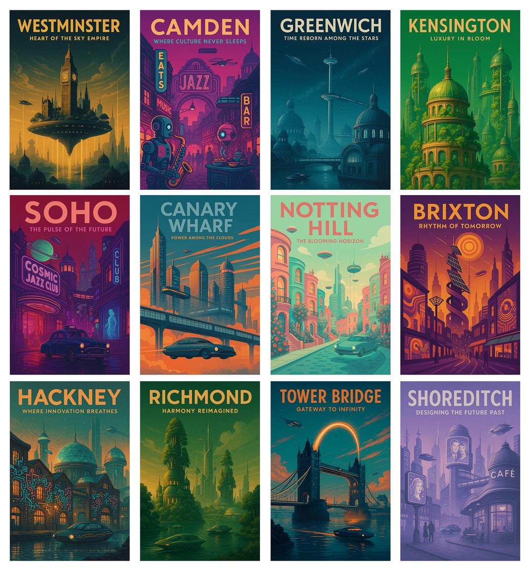 Minimal London Futuristic Travel Posters | Iconic London Landmarks ...