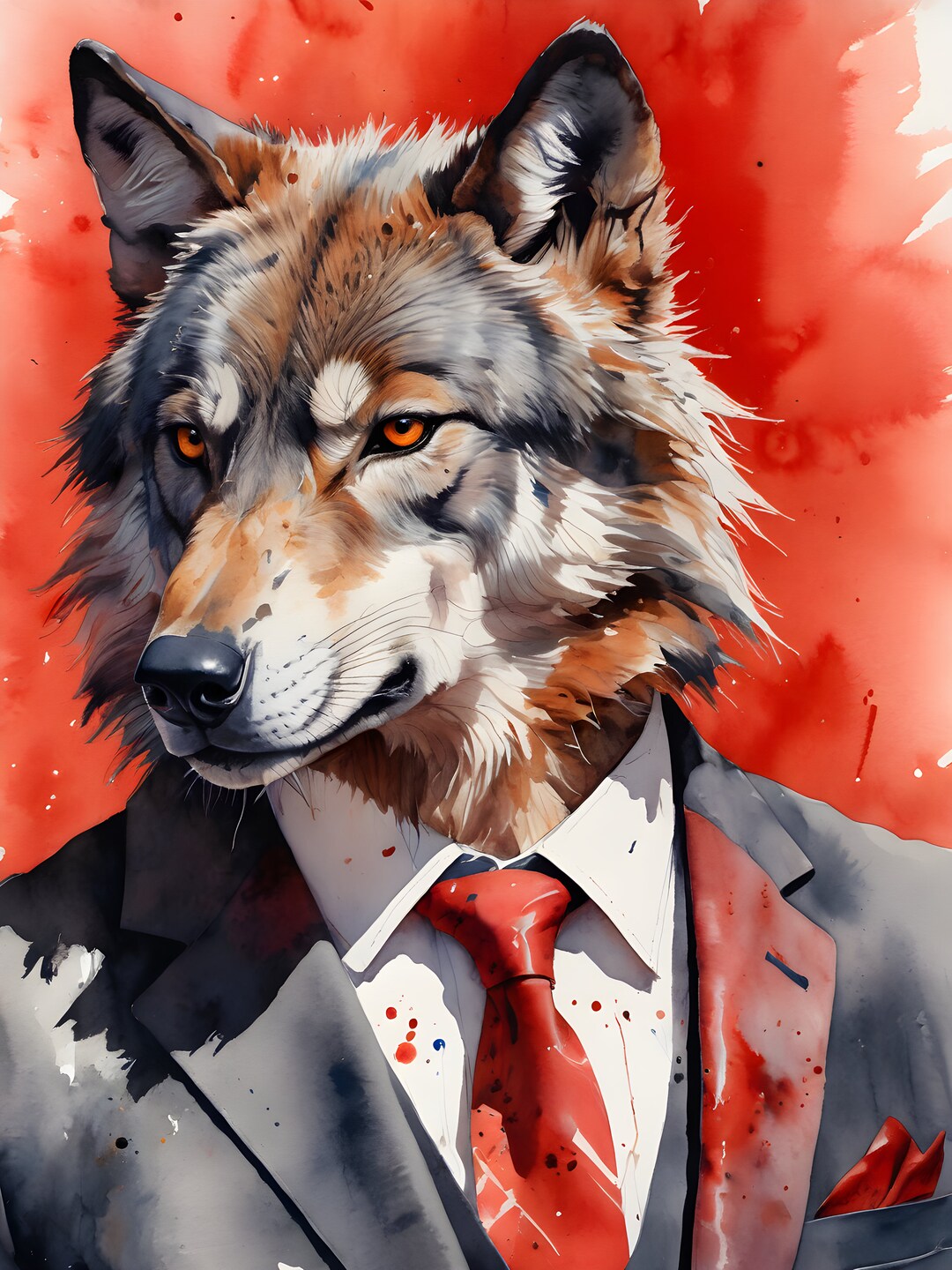Arte de parede Lobo, Lobo vestindo terno Fundo vermelho EI Art - Pôster ...