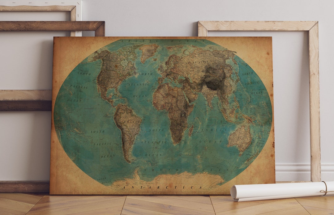 Retro World Map Atlas 1930 Canvas Decor Vintage Style Art Available in ...