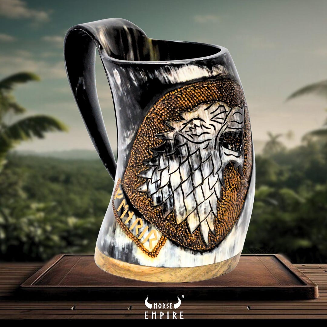 Viking OX Horn Mug16oz Engraved 3D FENRIR & MJOLNIR Hand Pyrography ...