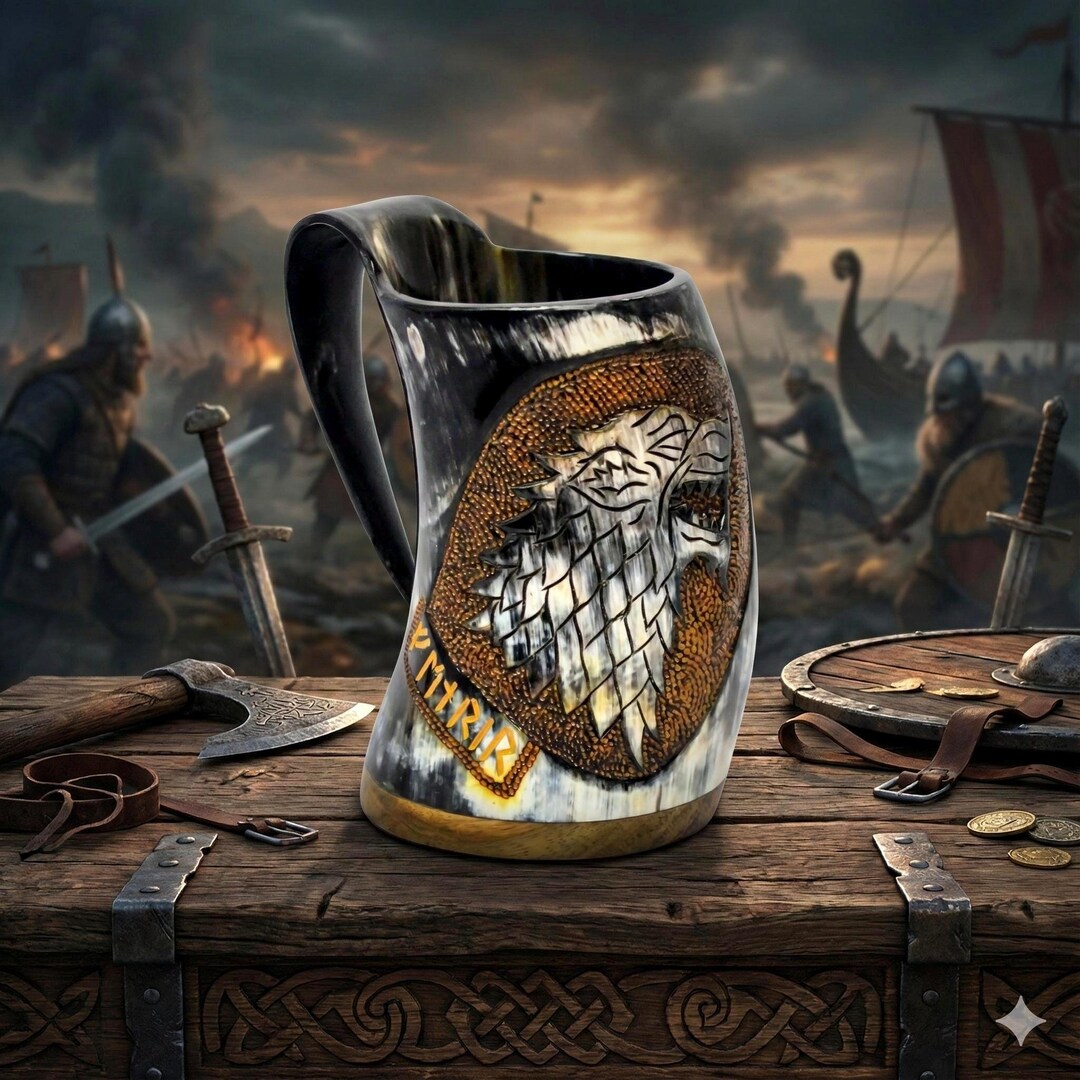 Engraved Viking Ox Horn Mug, Fenrir & Mjolnir, Hand Pyrography Tankard ...