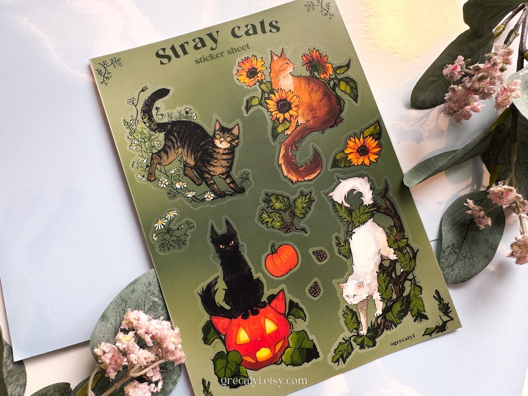 Nature Themed Cat Sticker Sheet, Handmade Floral X Stray Cats Stickers ...