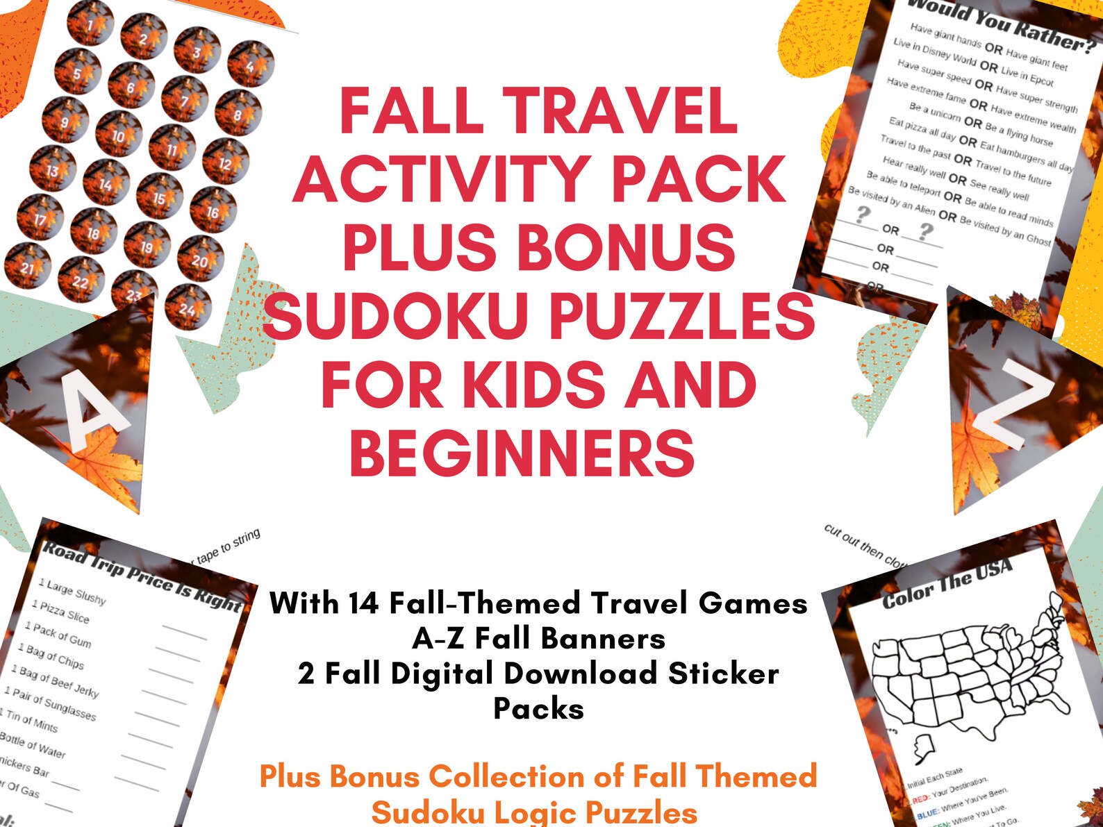 Fall Travel Activity Pack Plus Bonus Sudoku Puzzles for Kids and ...