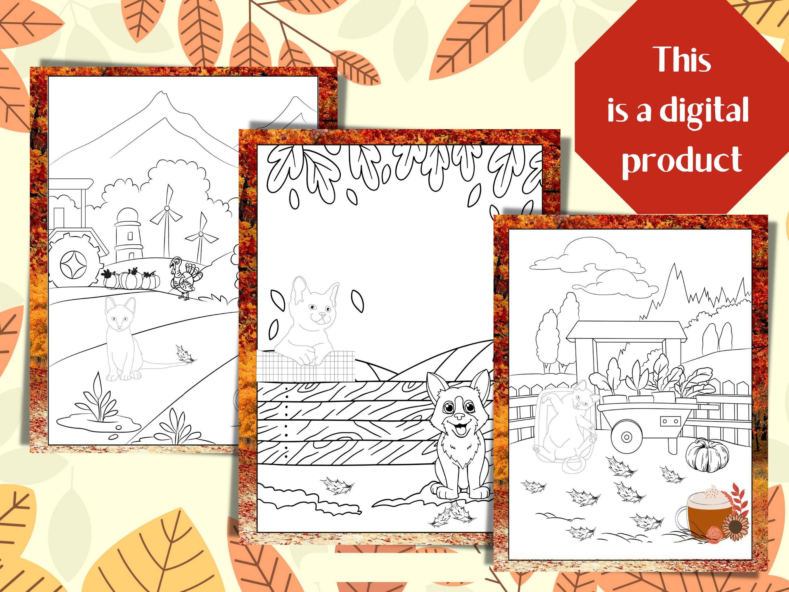 30 Cats and Friends Fall-themed Animal Coloring Pages Digital Download ...