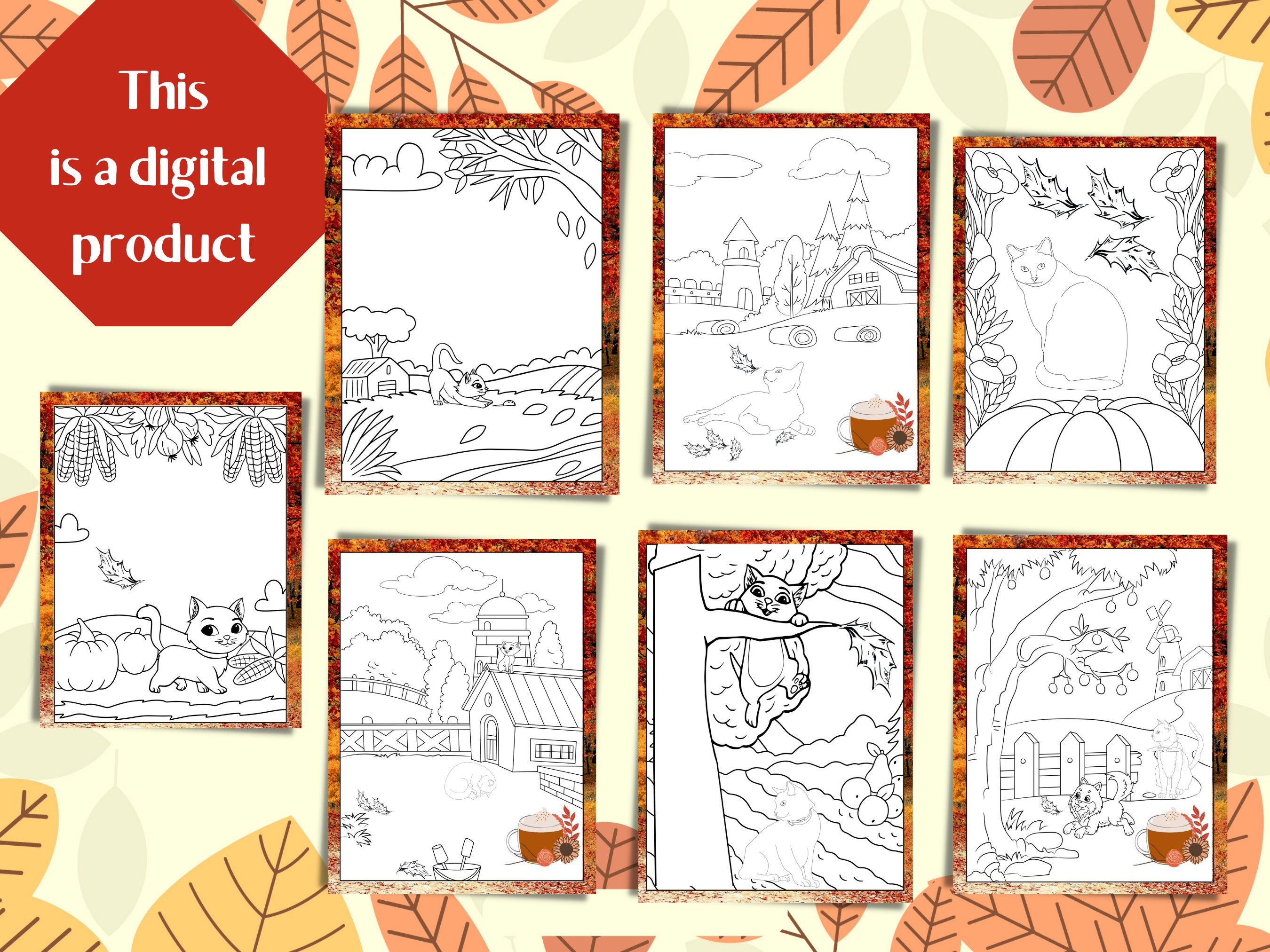 30 Cats and Friends Fall-themed Animal Coloring Pages Digital Download ...