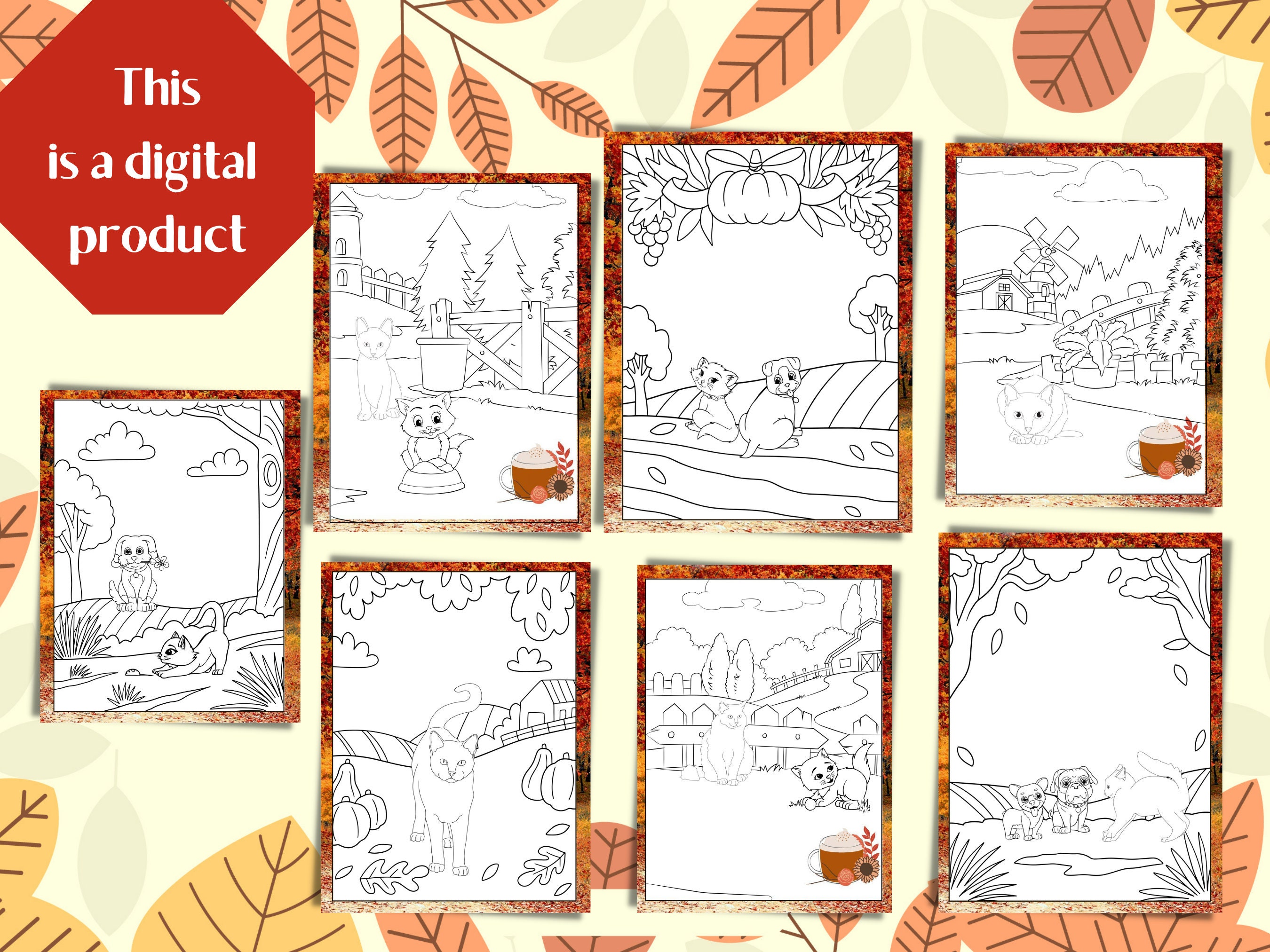 30 Cats and Friends Fall-themed Animal Coloring Pages Digital Download ...