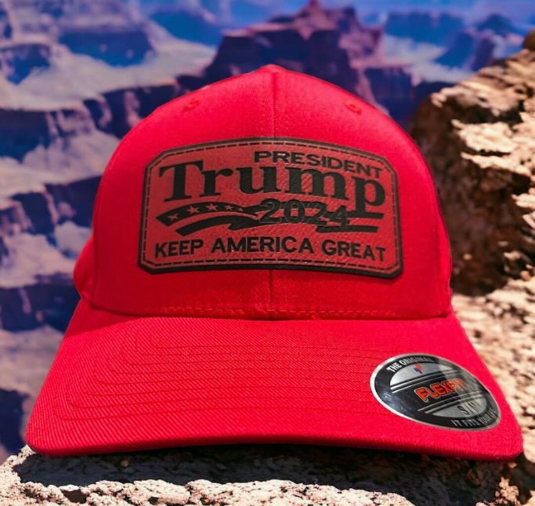Custom Hat Trump 2024 Hat Leather Badge Keep America Great Flex Fit Red ...