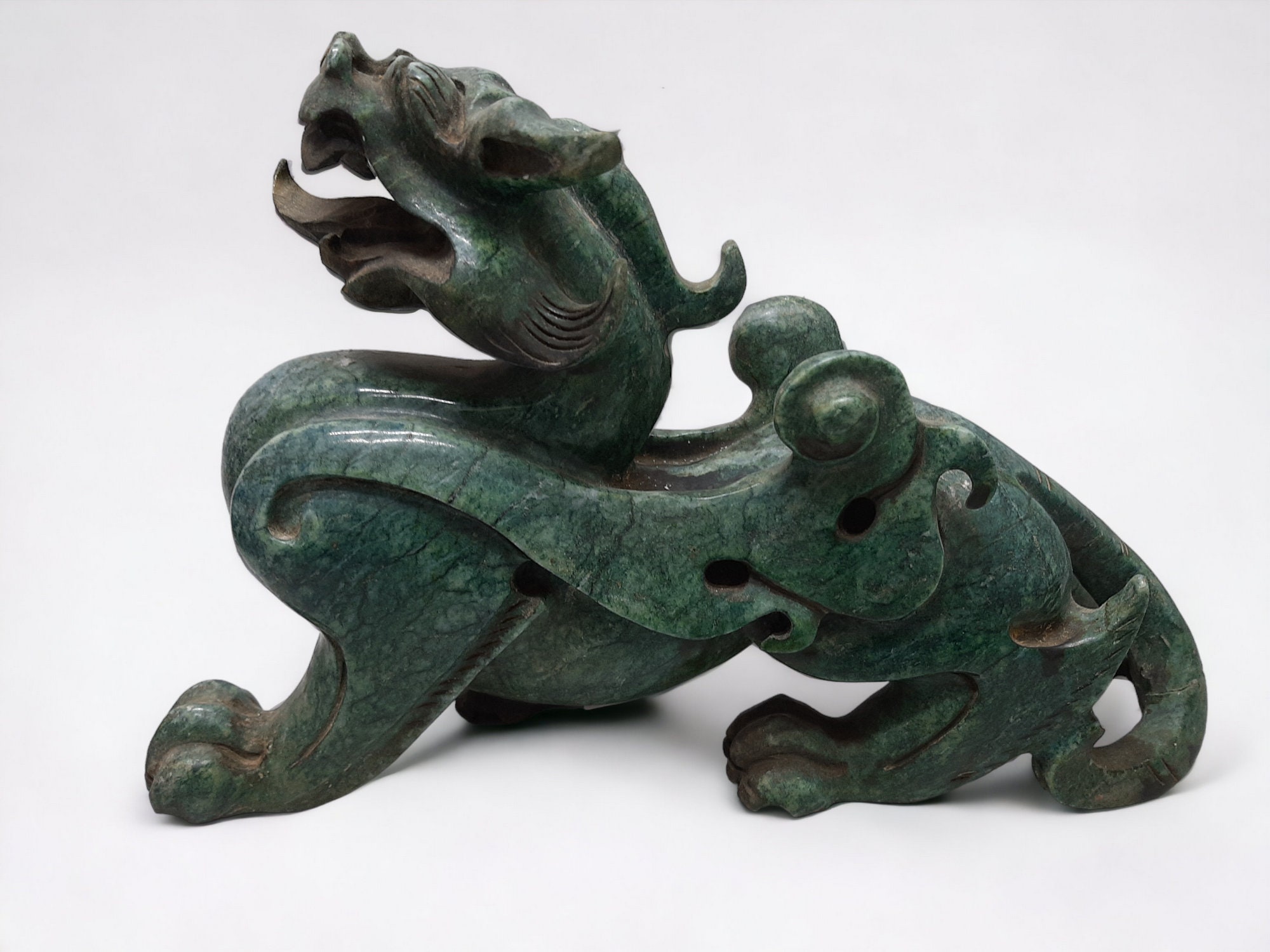 Pair of Large Carved Antique Chinese Green Stone Pixiu Figures - Etsy