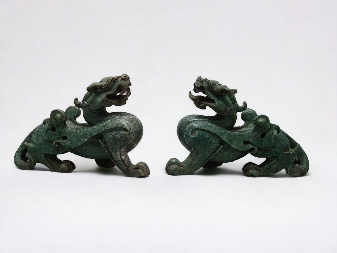 Pair of Large Carved Antique Chinese Green Stone Pixiu Figures - Etsy